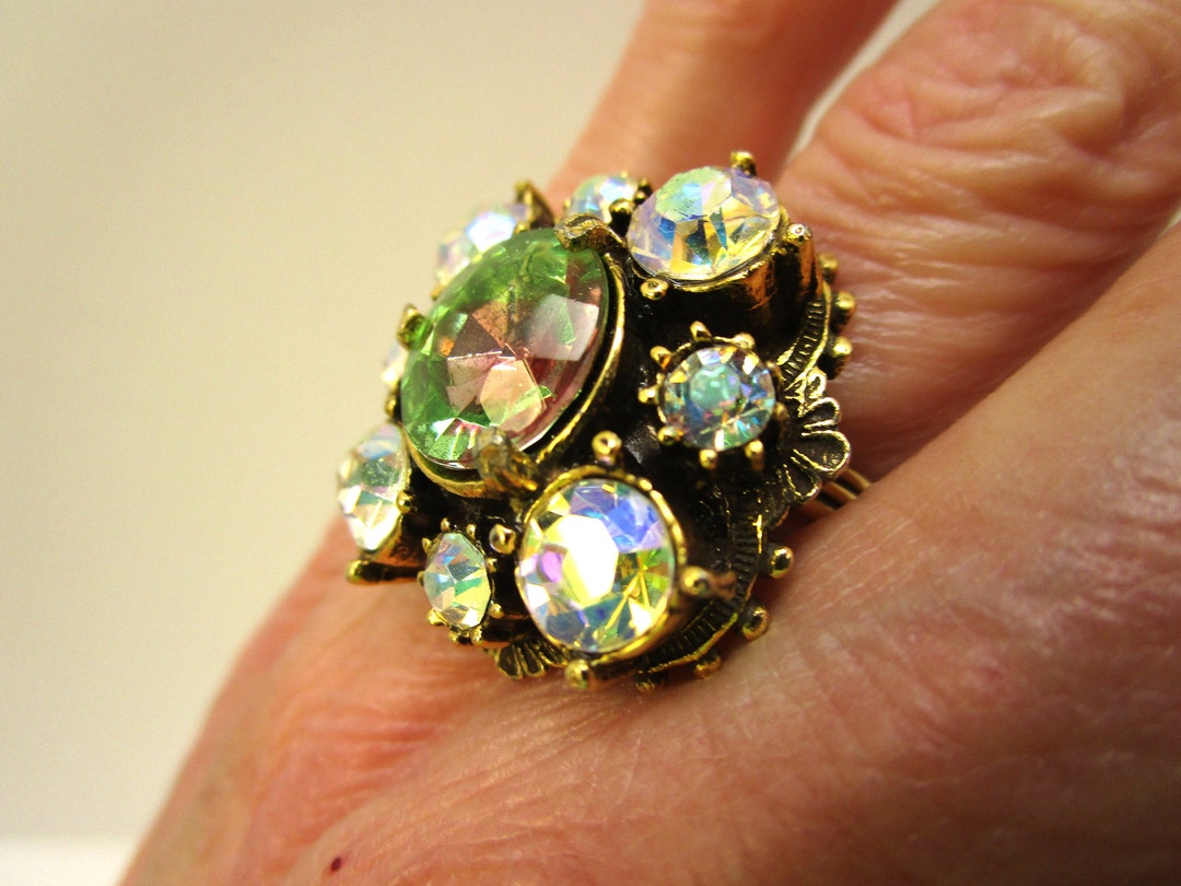 Vintage Estate FLORENZA Large Adjustable Cocktail Ring AB Green Pink ...