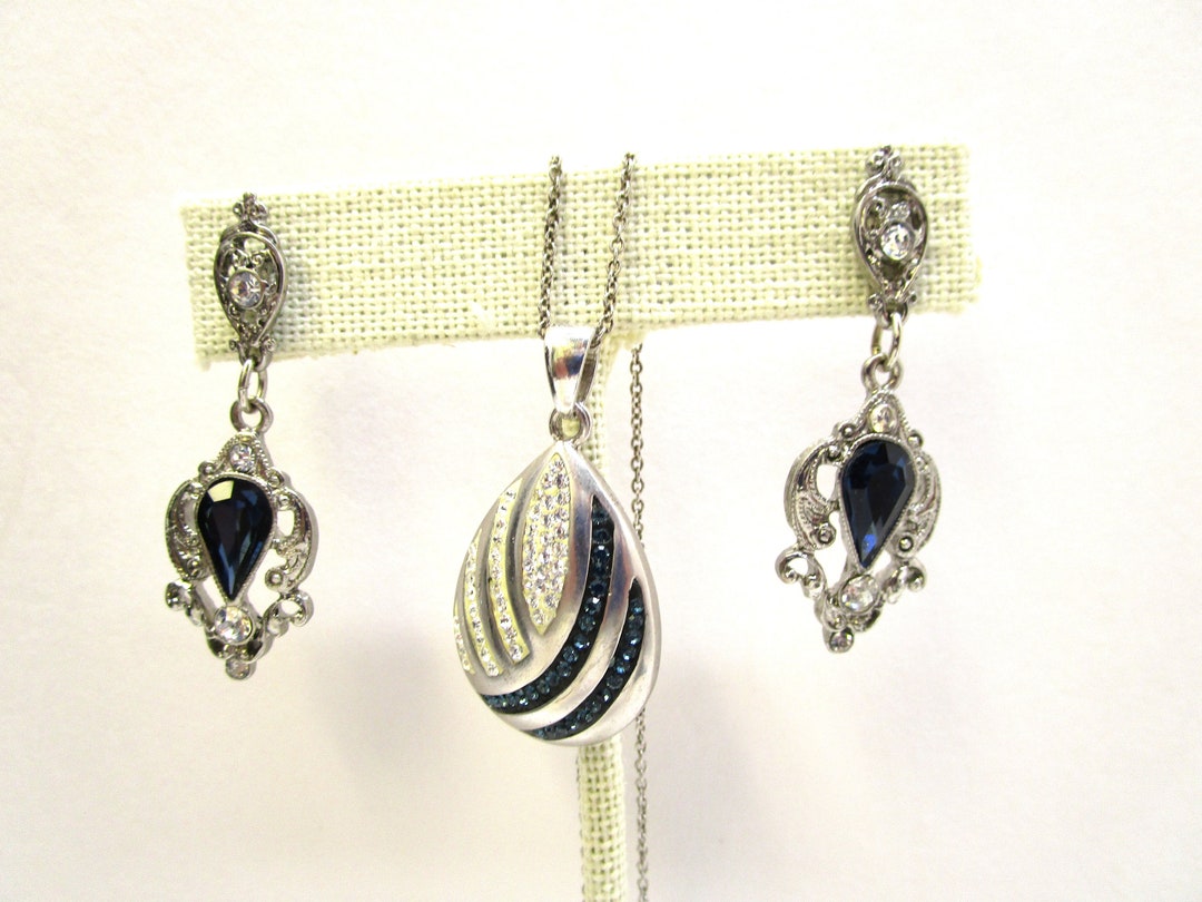 Vintage Silver/ Crystals Victorian Style Blue Sapphire Drop Earrings ...