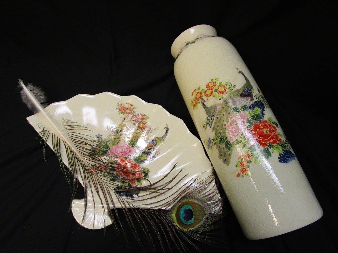 Vintage Japanese Porcelain Fan and Vase Double Peacock Japanese Crackle ...