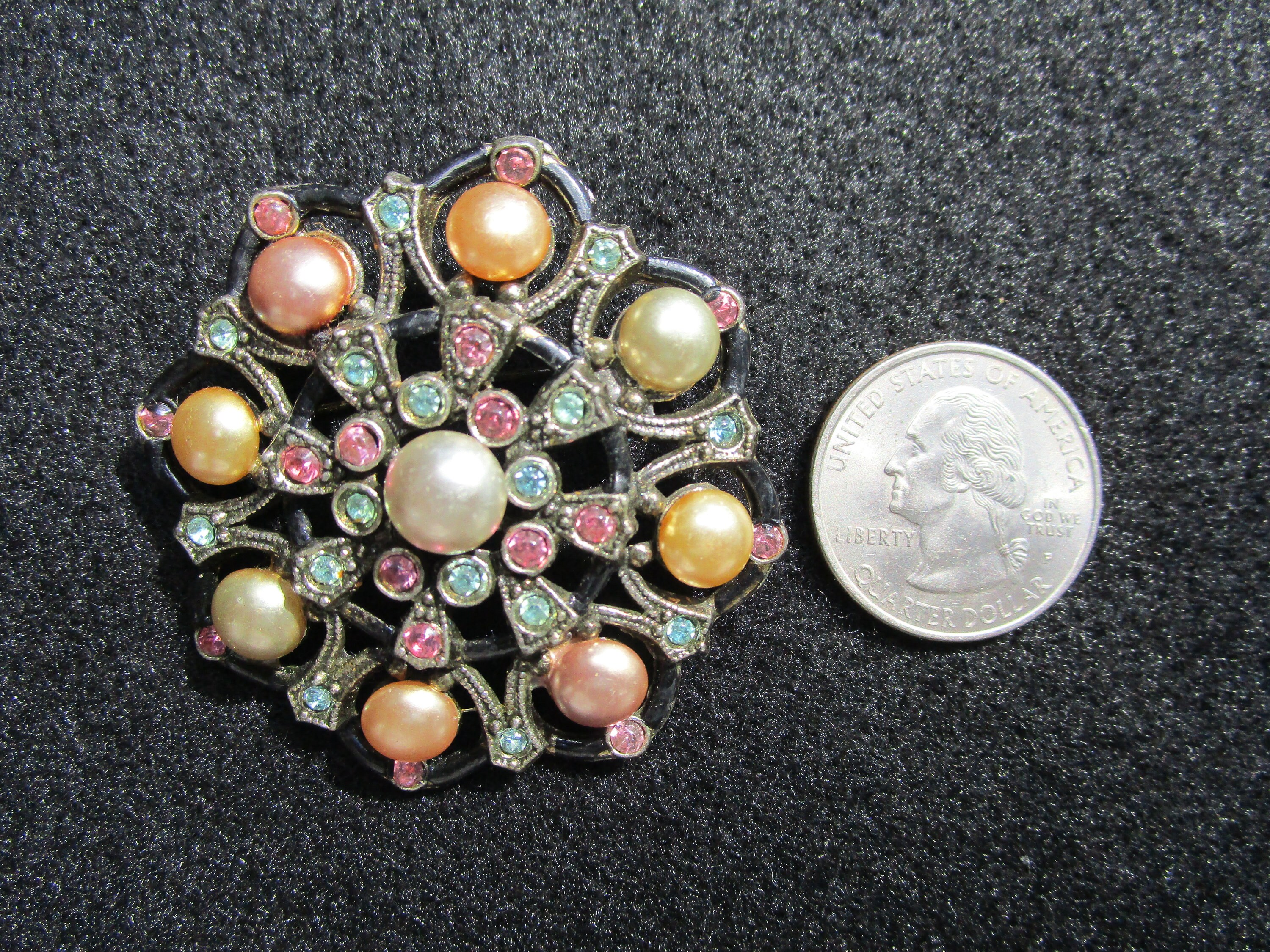 Estate Art Deco Pearl Rhinestone Brooch Pink Aqua Blue Half Pearl ...