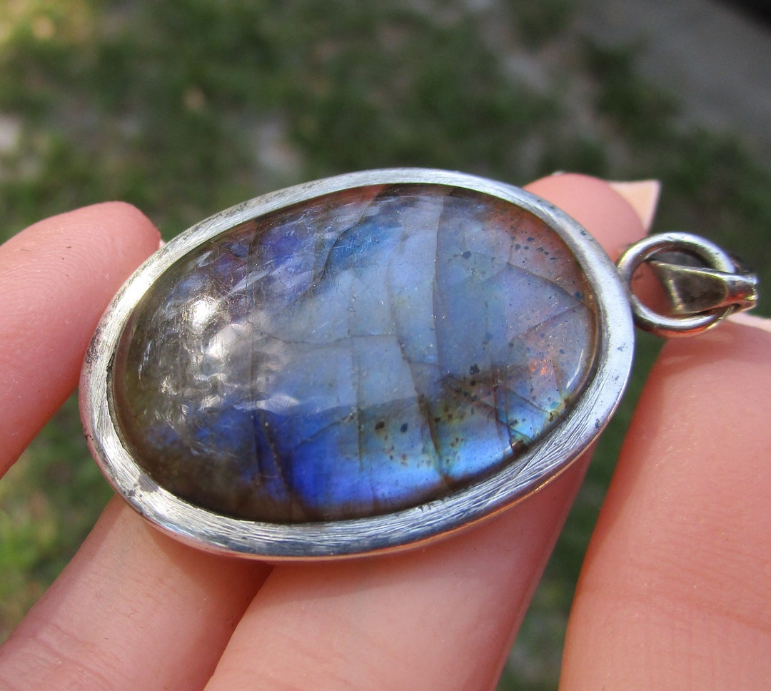 Vintage Sterling Silver 925 Large Blue Flash Labradorite Pendant 22 ...