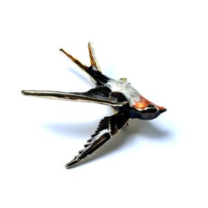 Beautiful Swallow Bird Pin 3D Colorful Enamel Gold Tone Black Orange ...