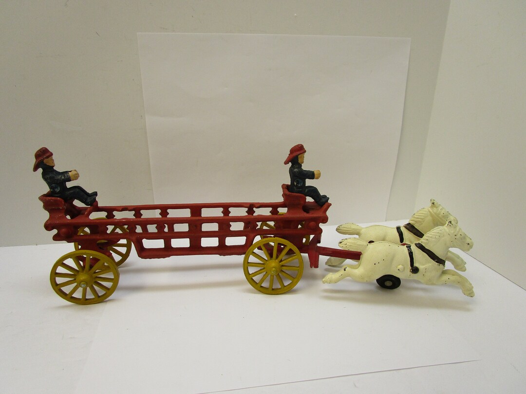 Antique Cast Iron Horse Drawn Fire Truck Wagon Toy Firemen Vintage Cast ...