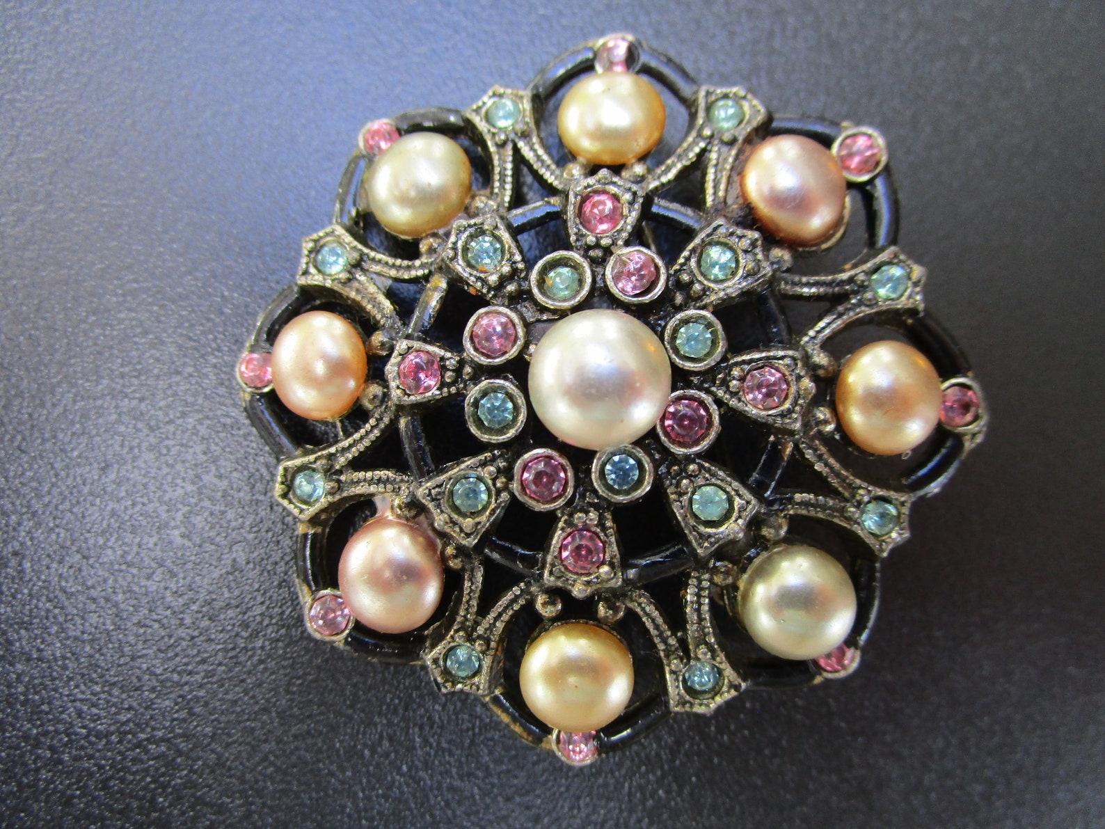 Estate Art Deco Pearl Rhinestone Brooch Pink Aqua Blue Half Pearl ...