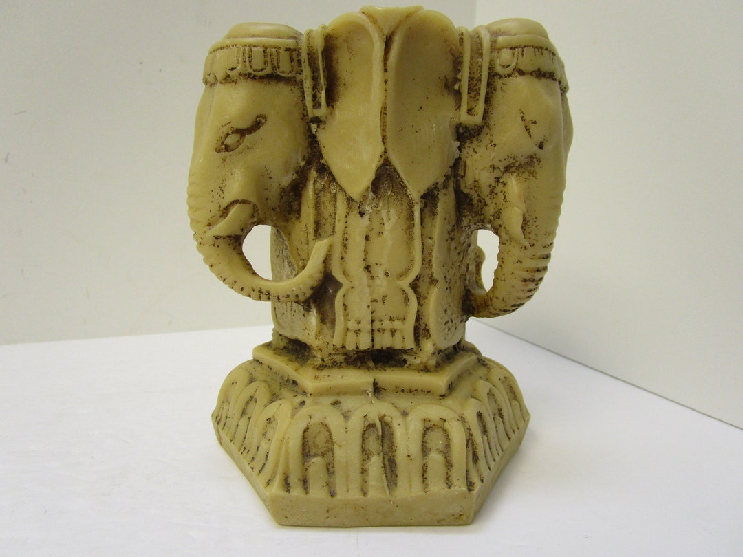 Antique Polystone Alabaster Triple Elephant Head Sculpture Vessel ...