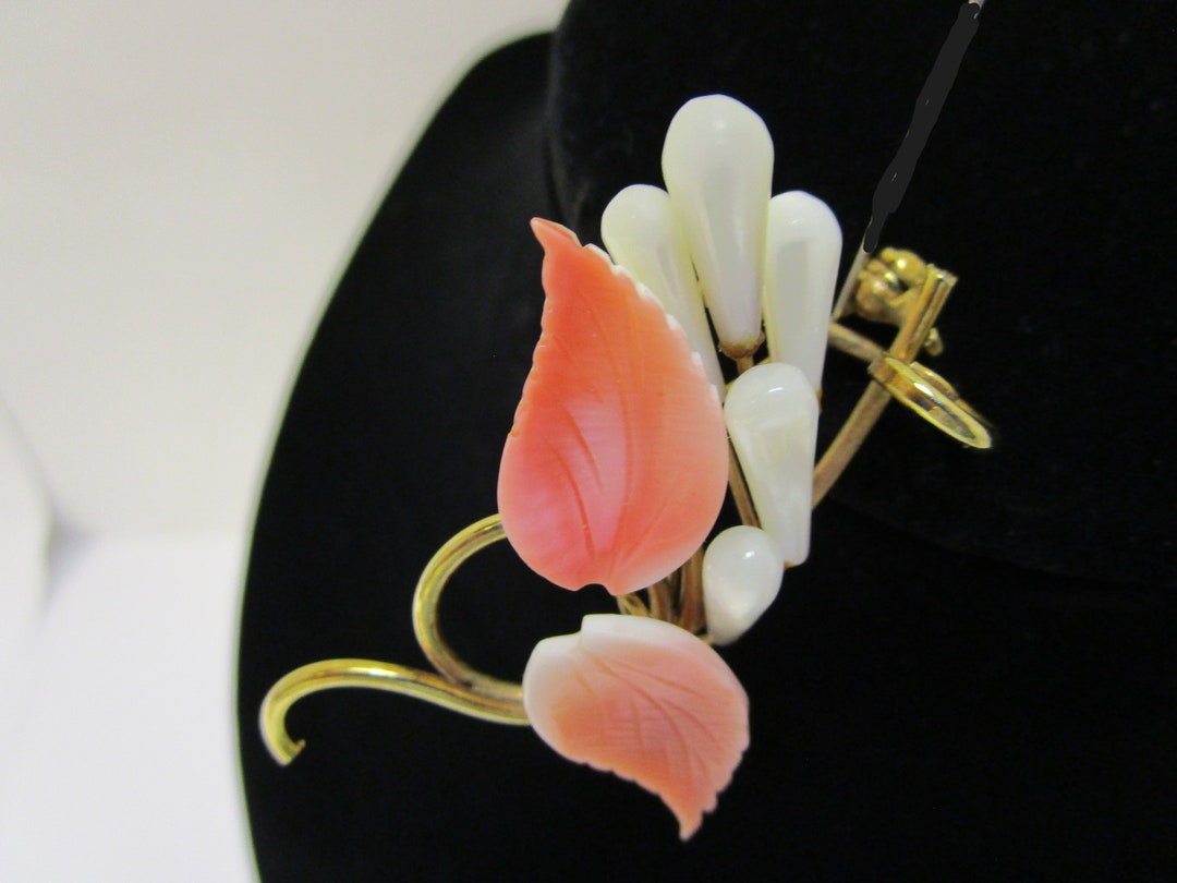 1960s Mississippi Pearl Carved Angel Skin Coral Brooch Pink White Angel Skin Coral Gold Brooch ...