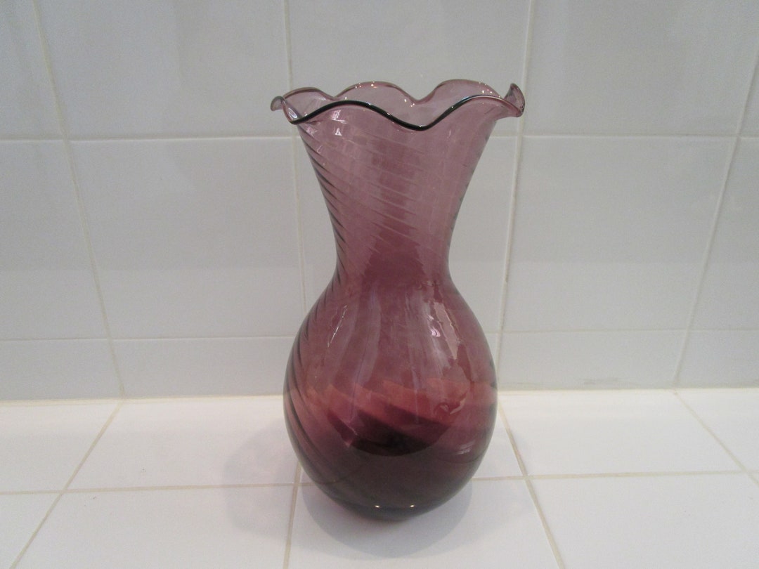 Vintage Pilgrim Cranberry Glass Vase: Swirl Fluted Rim, 10" Blown Glass ...