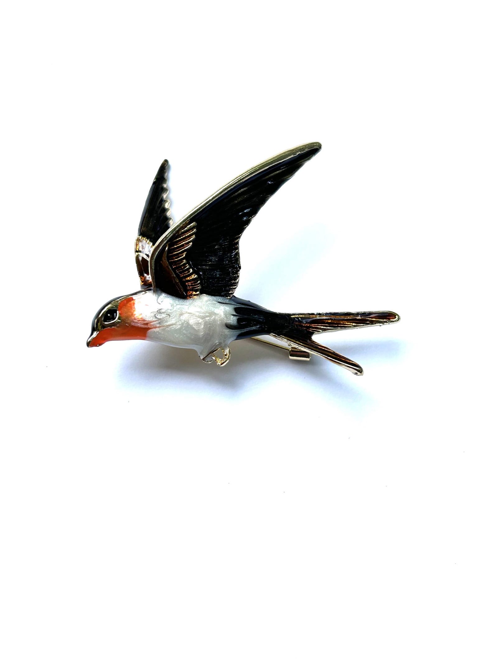 Beautiful Swallow Bird Pin 3D Colorful Enamel Gold Tone Black Orange ...