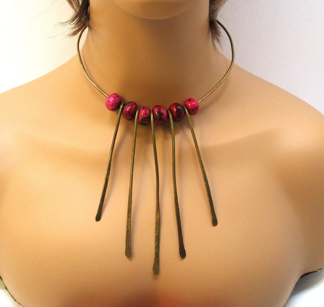 Vintage Brass Torc Torque Choker Hand Painted Fuchsia Black Wooden ...