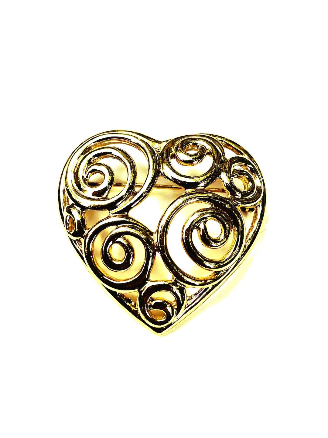 Anne Klein Heart Brooch Pin Large Gold Swirl Openwork Heart Puffy Domed ...