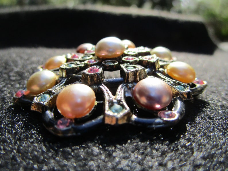 Estate Art Deco Pearl Rhinestone Brooch Pink Aqua Blue Half Pearl ...