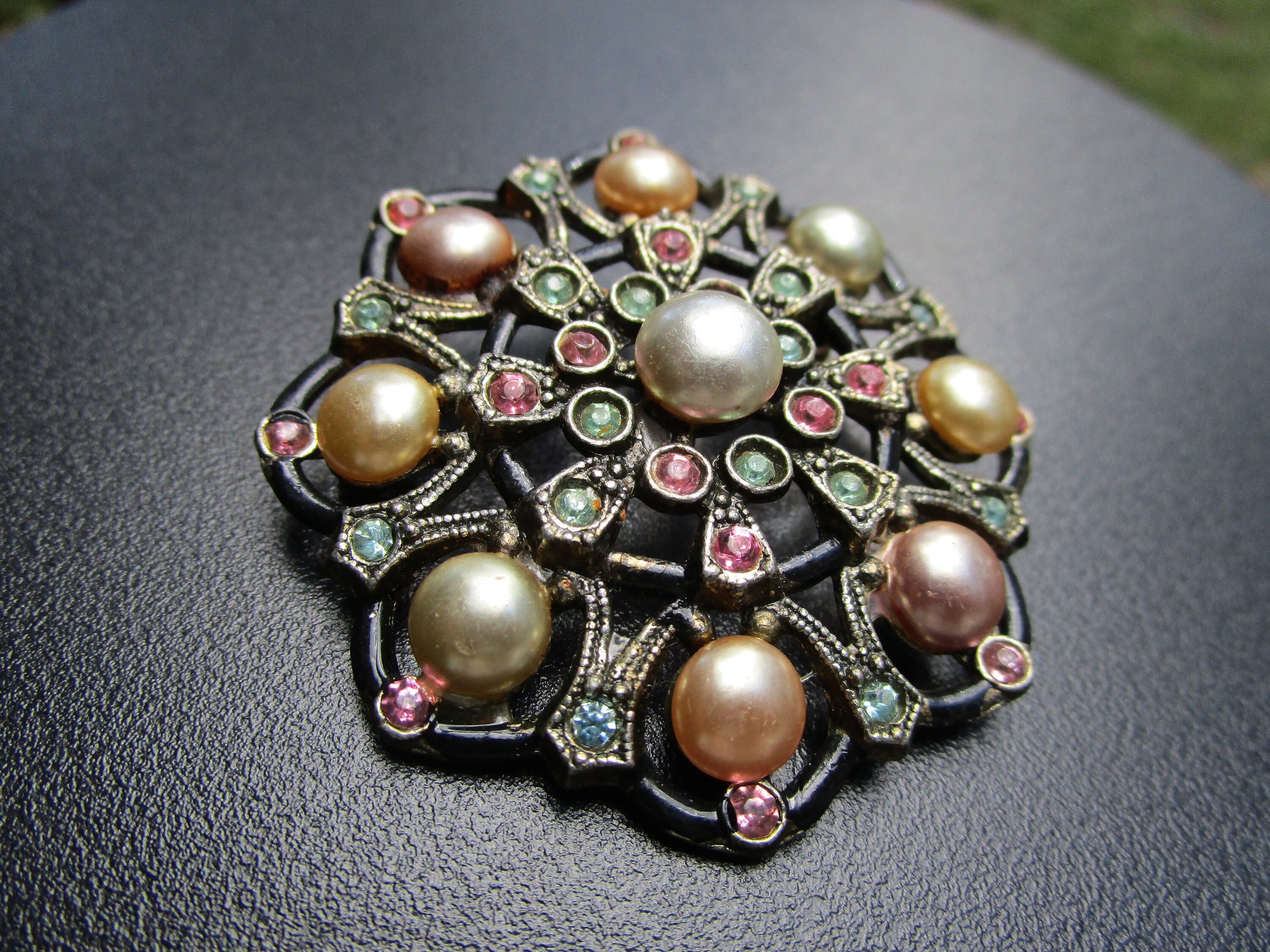 Estate Art Deco Pearl Rhinestone Brooch Pink Aqua Blue Half Pearl ...