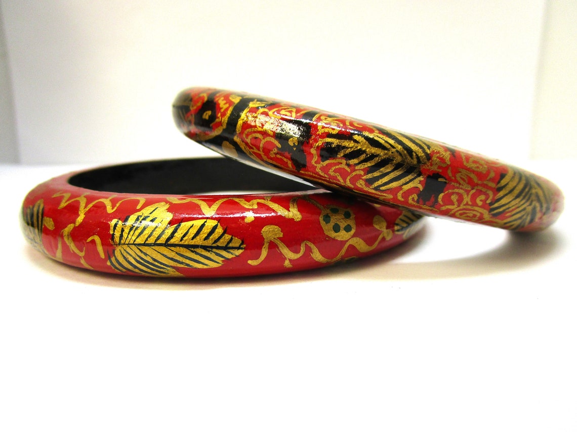 Hand Painted Tropical Theme Paper Mache' Bangle Bracelet Set Colorful ...