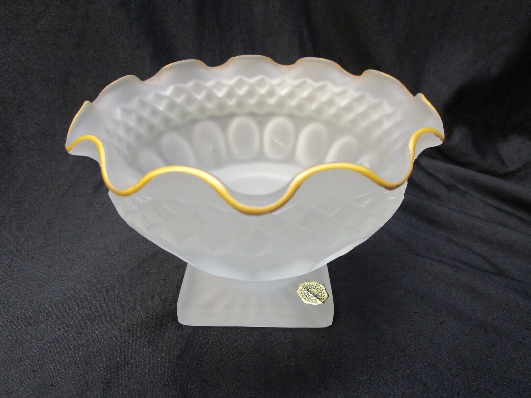 Westmoreland Satin Glass Bowl Ruffle Rim Thumbprint Pattern Pedestal ...