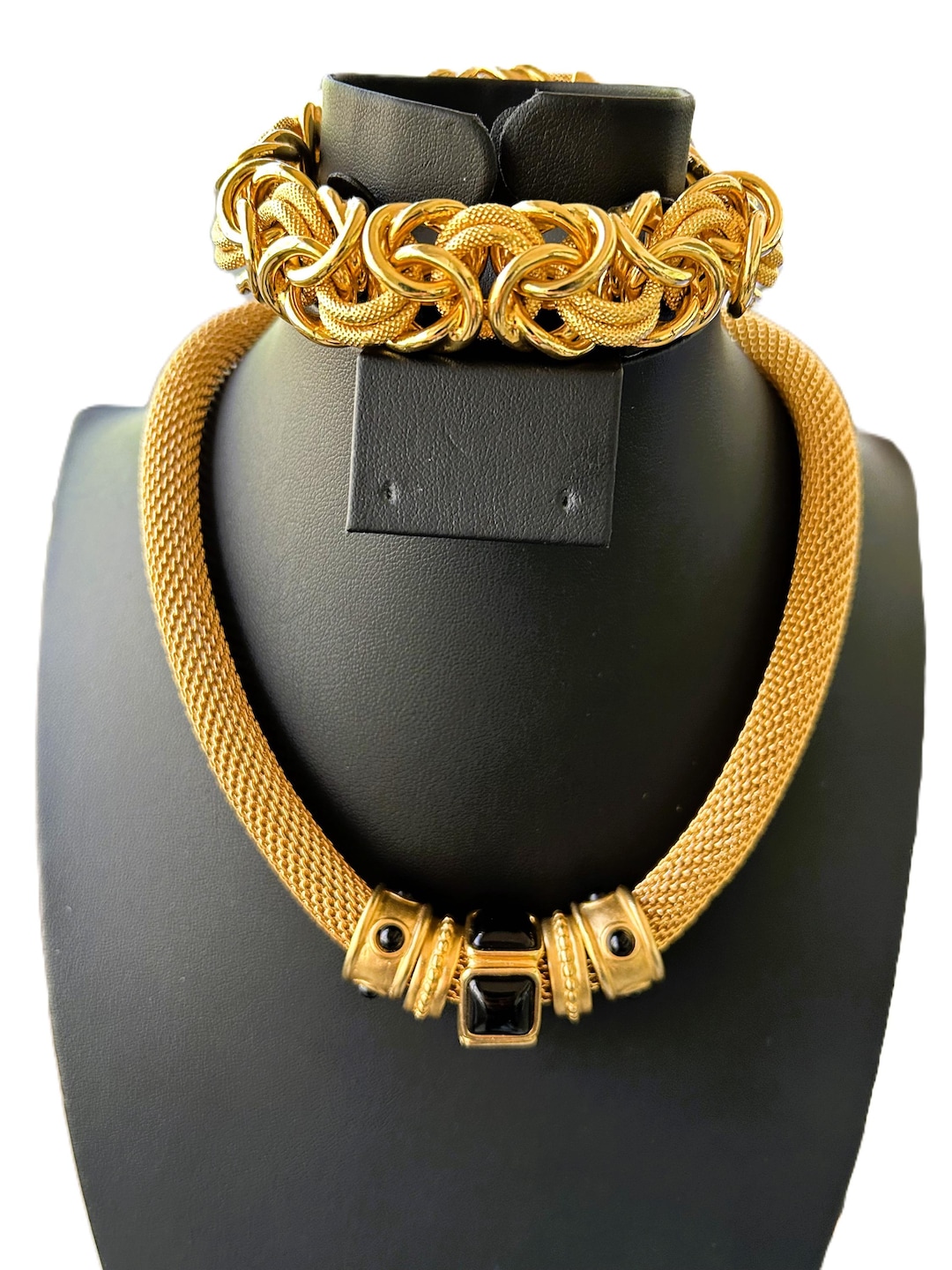 QVC Italian Bold Gold Byzantine Link Bracelet 9.5" or 17" Mesh Collar ...
