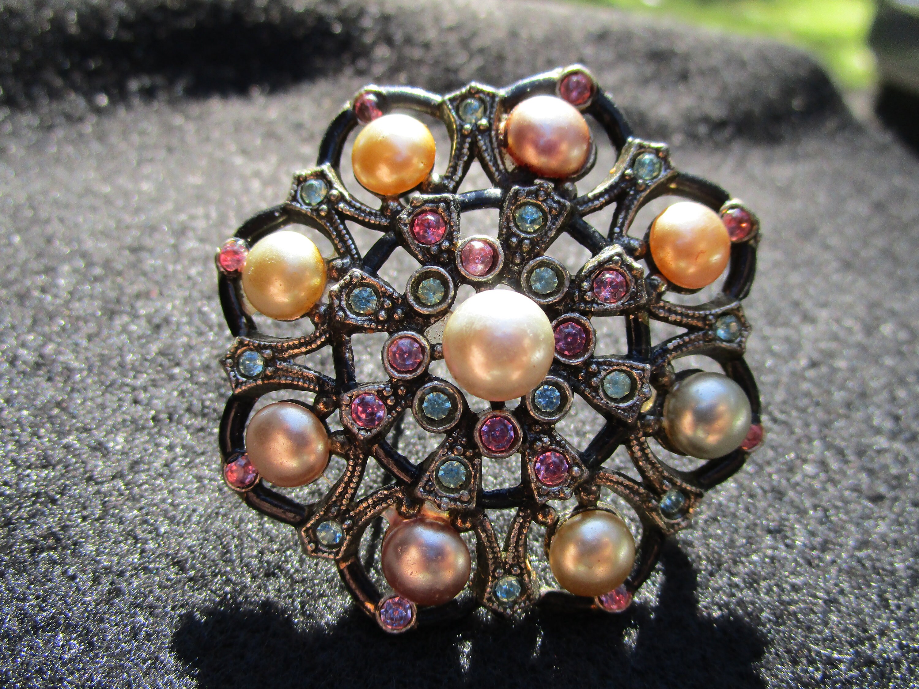 Estate Art Deco Pearl Rhinestone Brooch Pink Aqua Blue Half Pearl ...