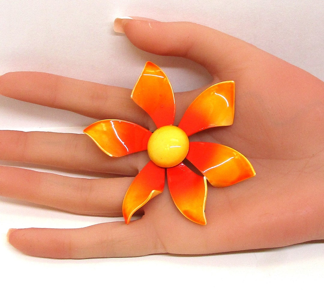 Large Flower Power Pinwheel Flower Pin Bright Orange Yellow 3" Enameled ...