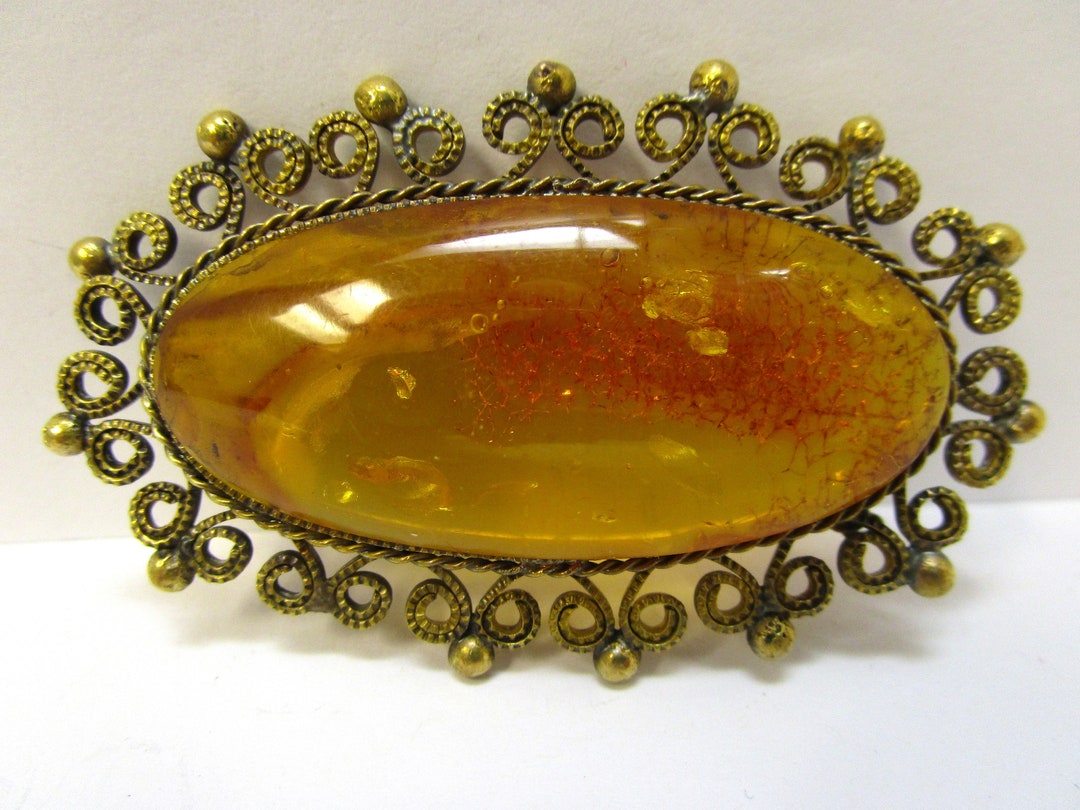 Late 1700s Large Natural Baltic Amber Brooch Hand Hammered Cannetille ...