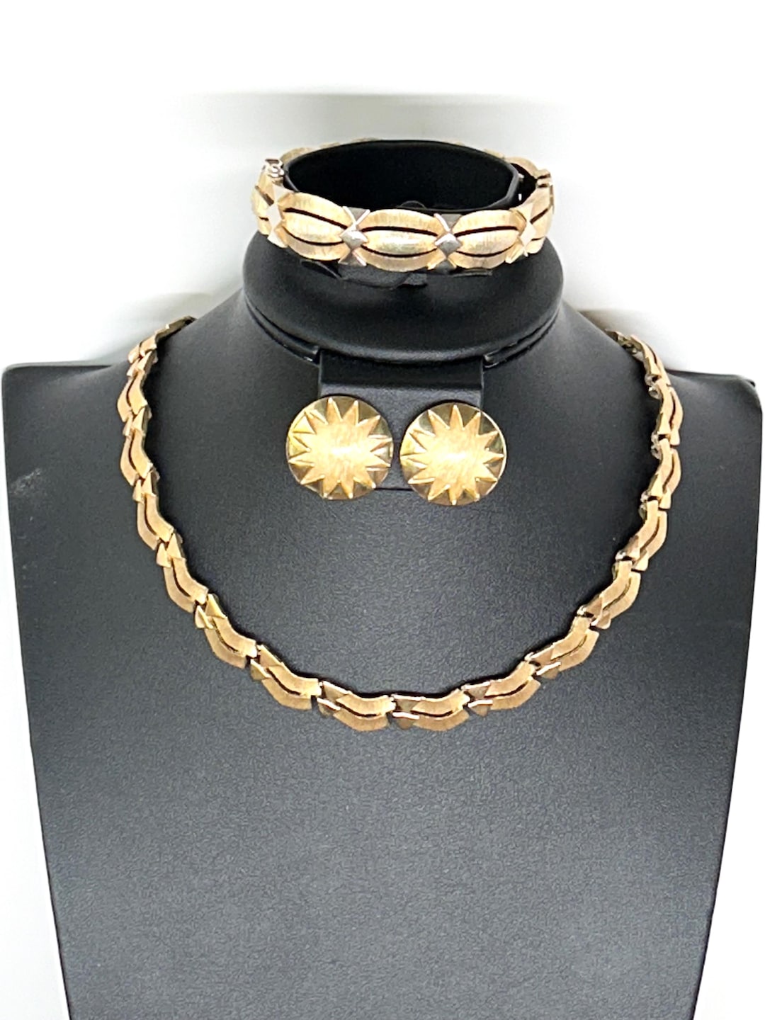 1958 Signed Crown Trifari Set Gold Choker Earrings Cuff Bracelet Shiny ...