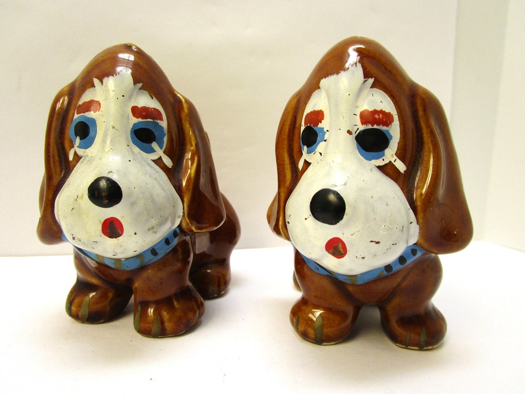 Vintage Kitsch Ceramic Basset Hound Puppy Dog Salt Pepper Shakers Rare ...