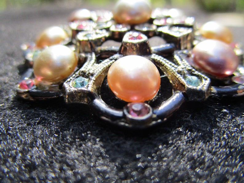 Estate Art Deco Pearl Rhinestone Brooch Pink Aqua Blue Half Pearl ...