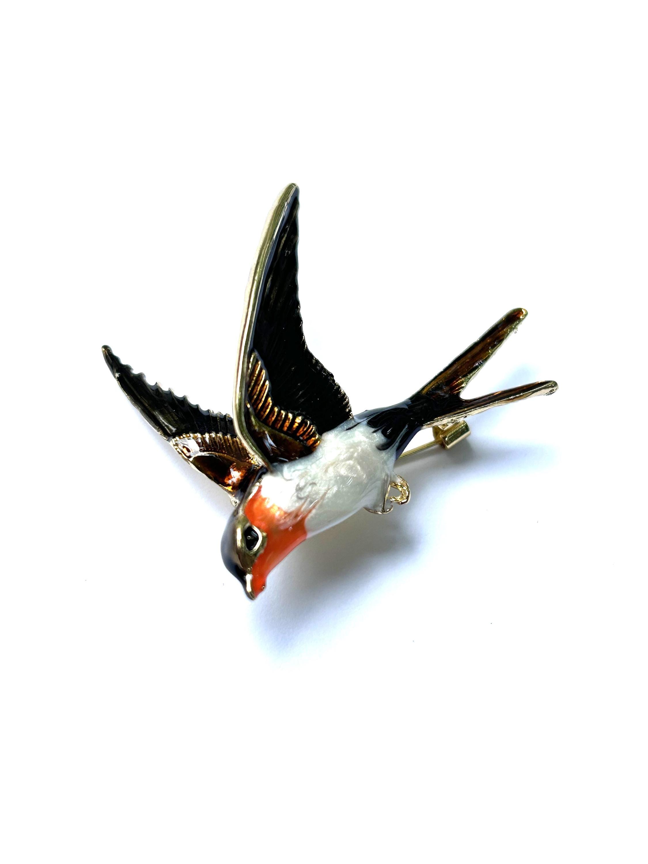 Beautiful Swallow Bird Pin 3D Colorful Enamel Gold Tone Black Orange ...