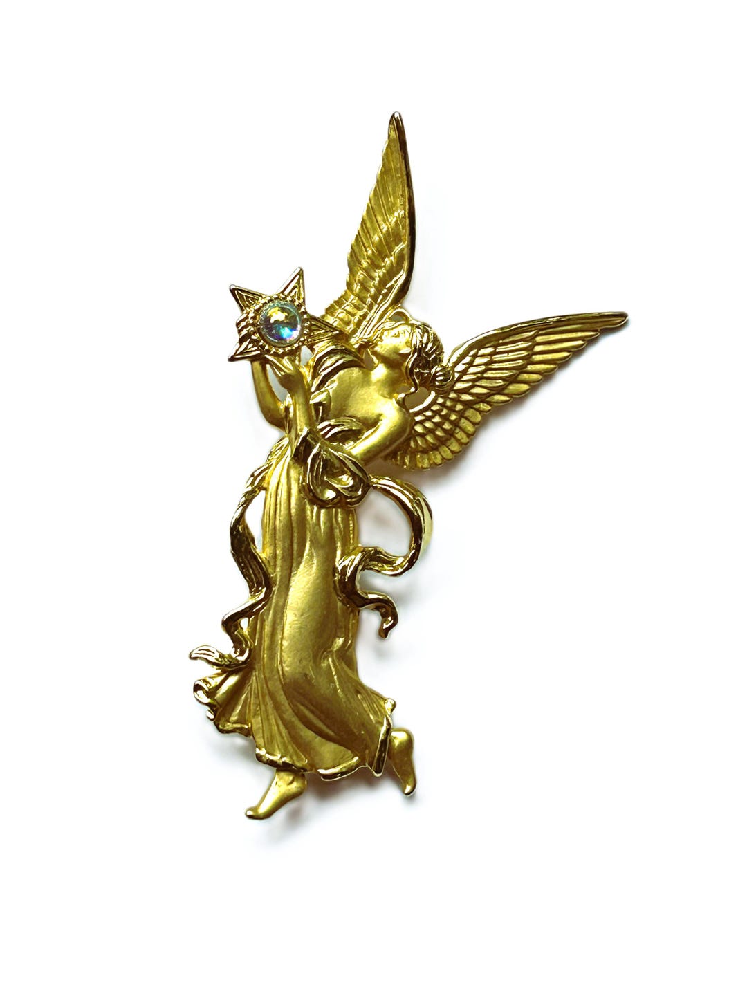 Vintage Estate Art Nouveau Large Gold Angel Brooch Pin Angel Holding A ...