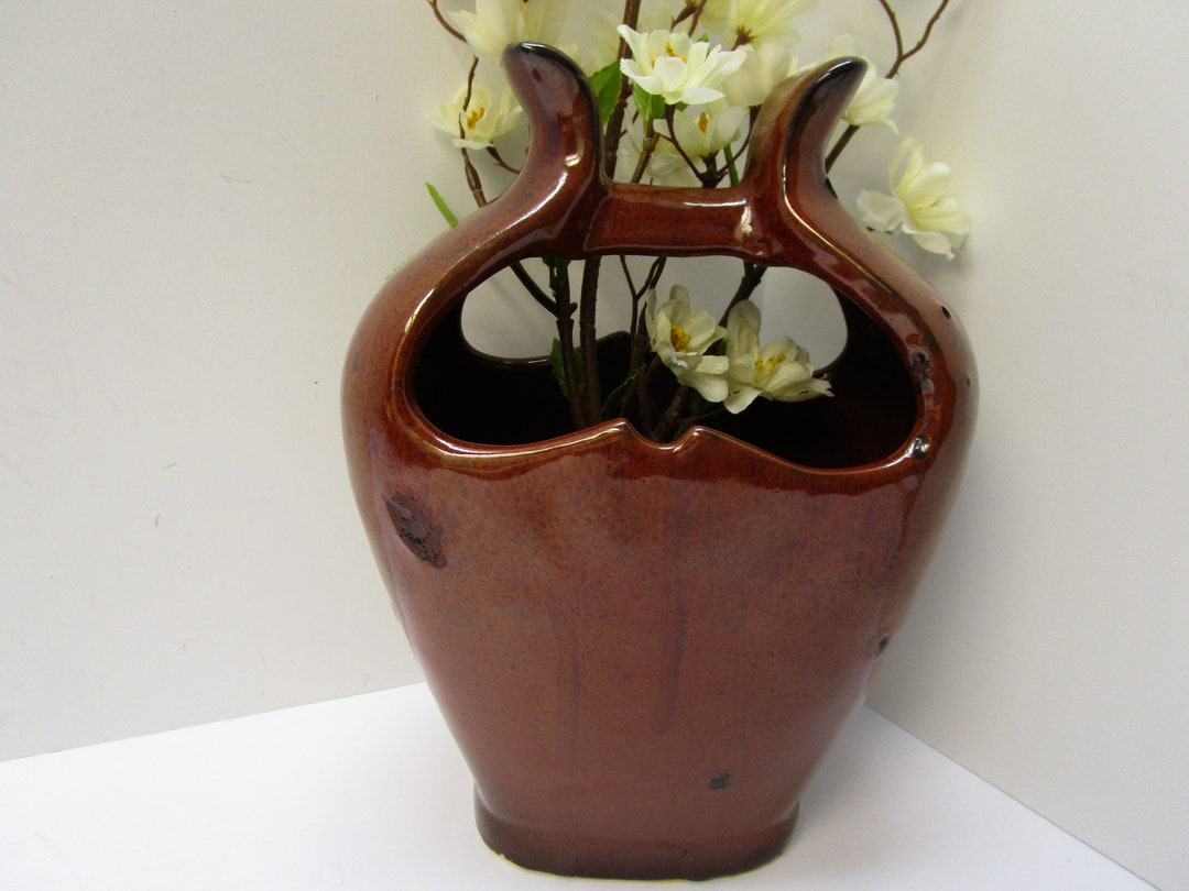 Vintage Rustic Western Pottery Vase Double Saddle Horn Vase Brown Drip ...