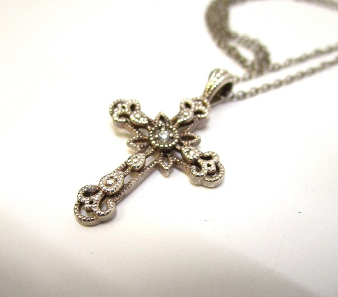 Vintage Sterling Silver Diamond Cross Pendant Necklace Openwork Fleur ...