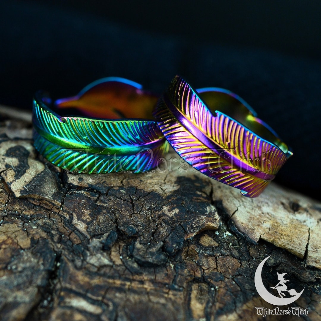 Dreamcore Feather Ring - Mystical Rainbow Aurora Ring, Adjustable ...