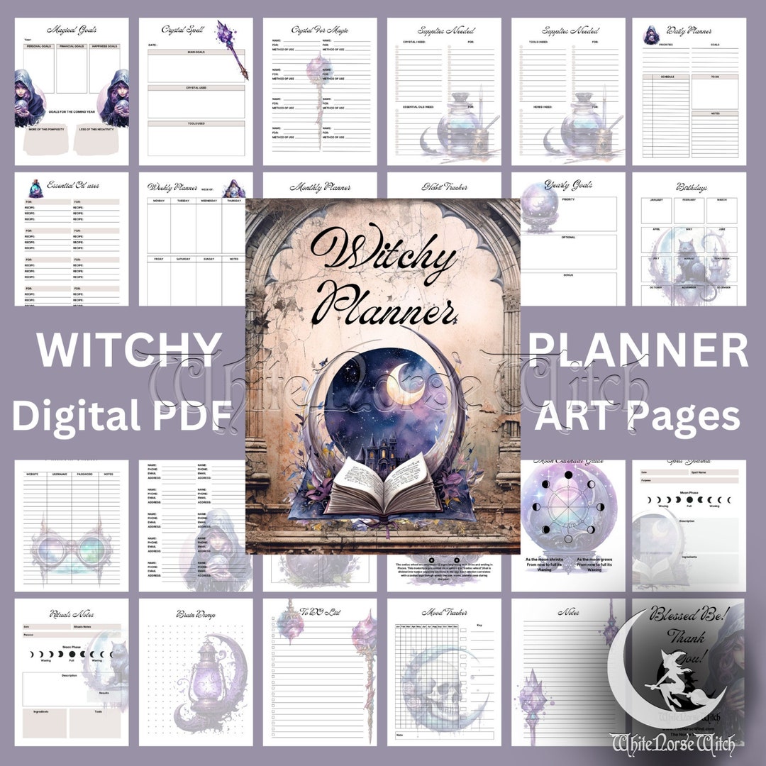 Witchy Planner | Pastel Goth Illustrated Art Pages | Undated Printable ...