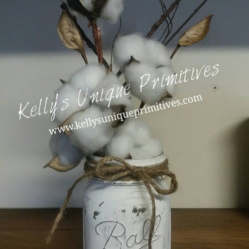 Mason Jar Cotton Floral Arrangements Centerpiece Mason Jar | Etsy