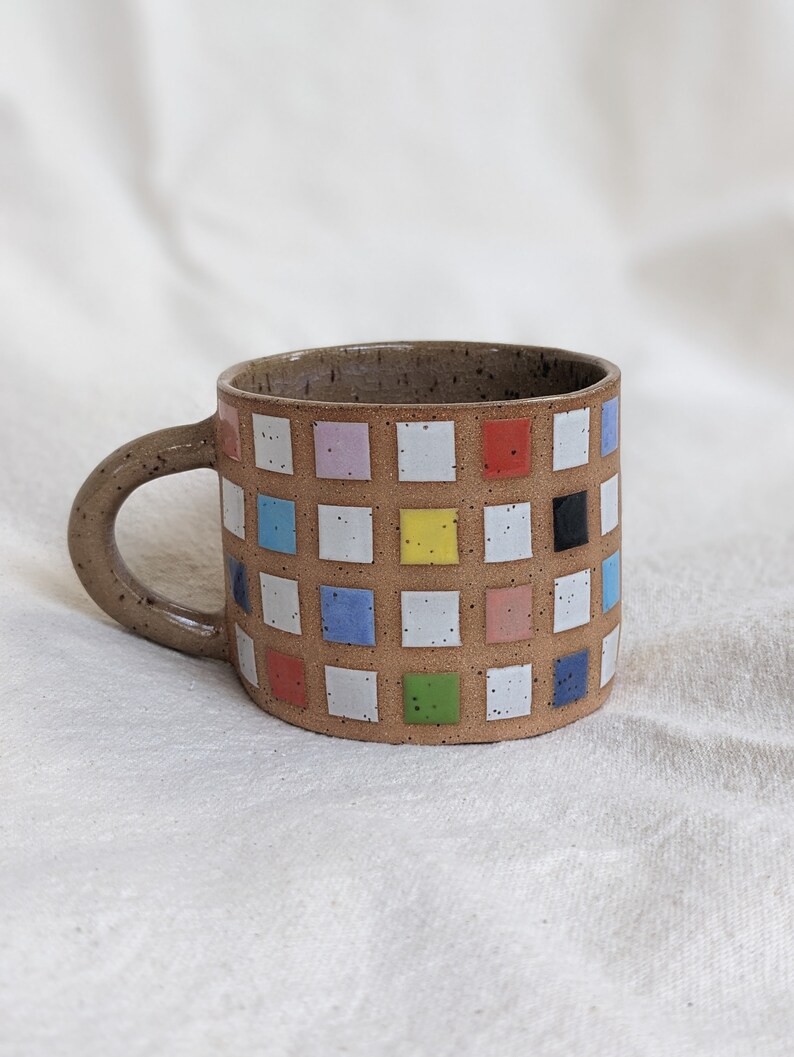 Cup in Checkered Pattern Hand Built Ceramics, Brown Speckled Clay, Hand ...