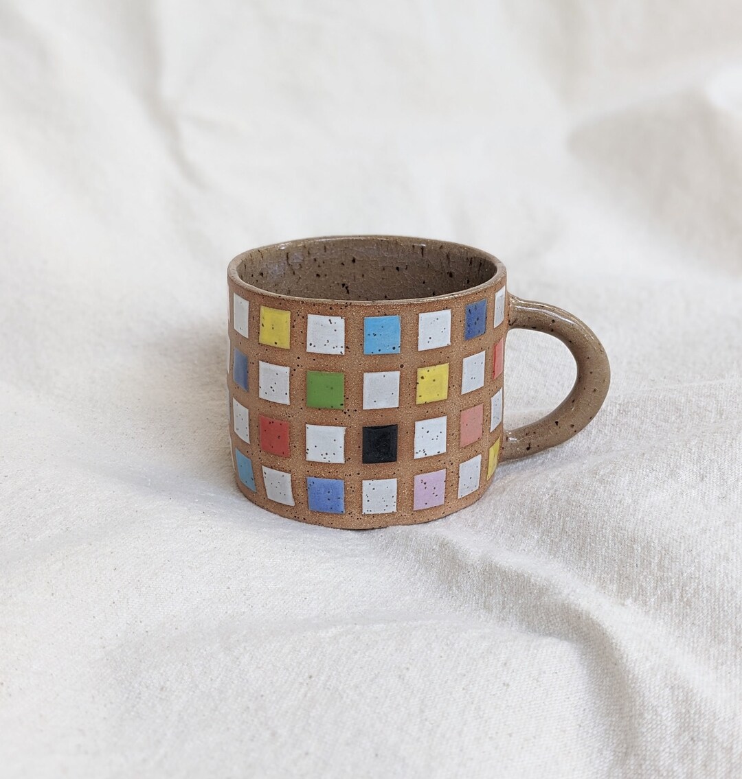 Cup in Checkered Pattern - Hand Built Ceramics, Brown Speckled Clay ...