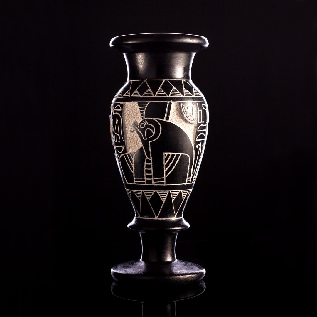 Black Basalt Hand Crafted Vase Featuring Isis, Horus and Sekhmet | Hand ...
