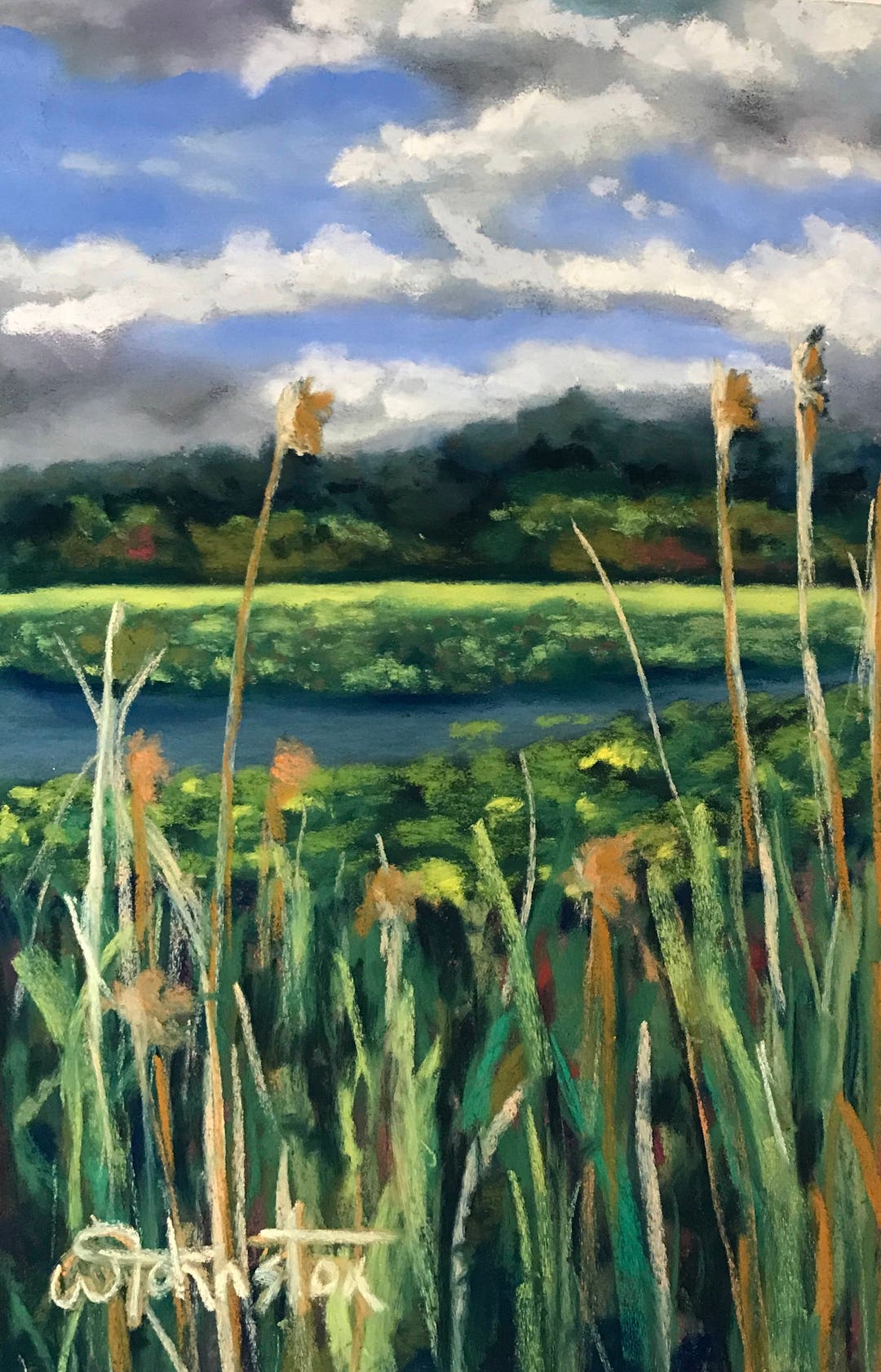 Dramatic Sky Over Marsh Grasses Original Pastel Painting by Wendy ...