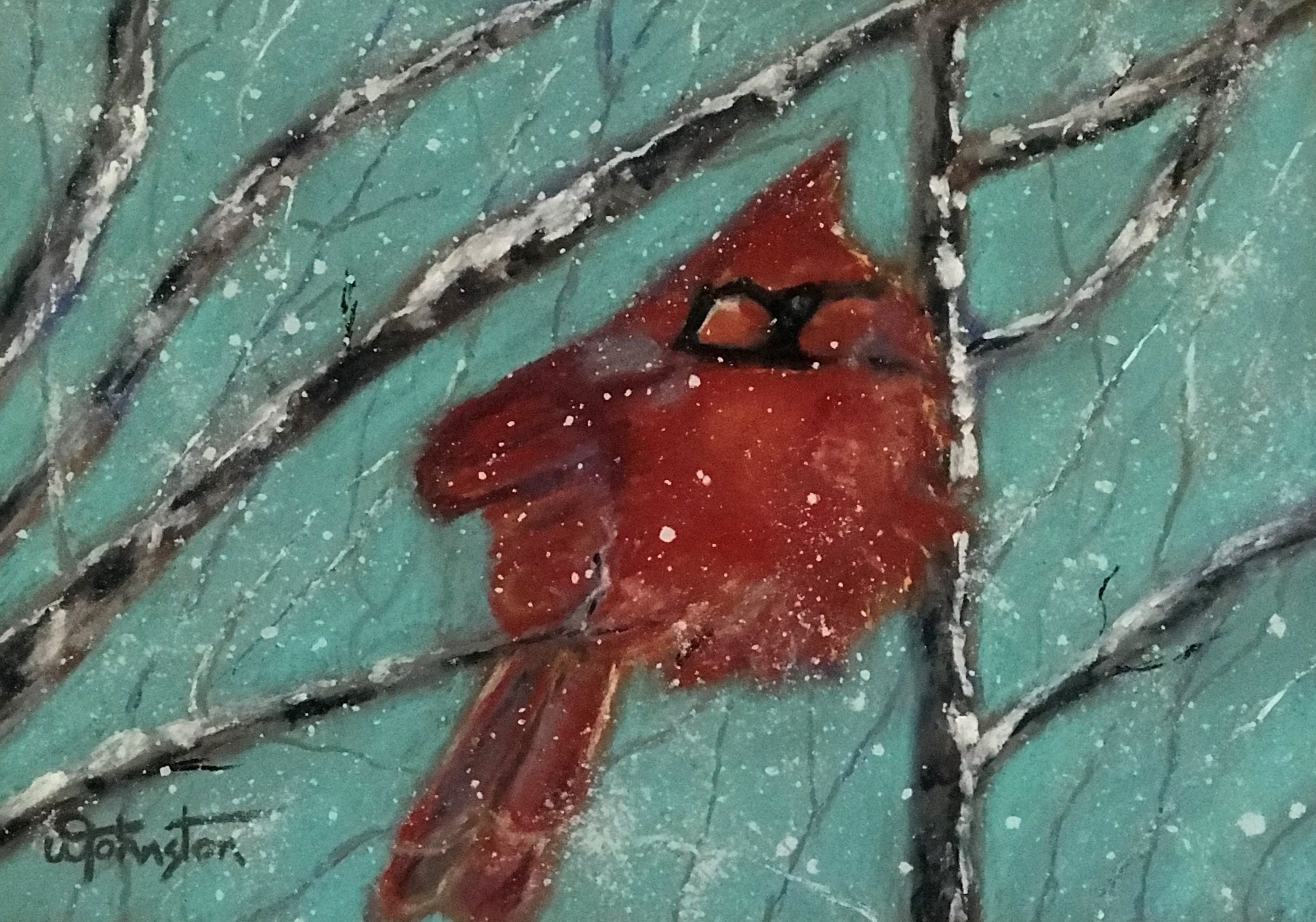 Pastel Pastel Painting of Cardinal Bird in Snow Covered Tree Branches ...