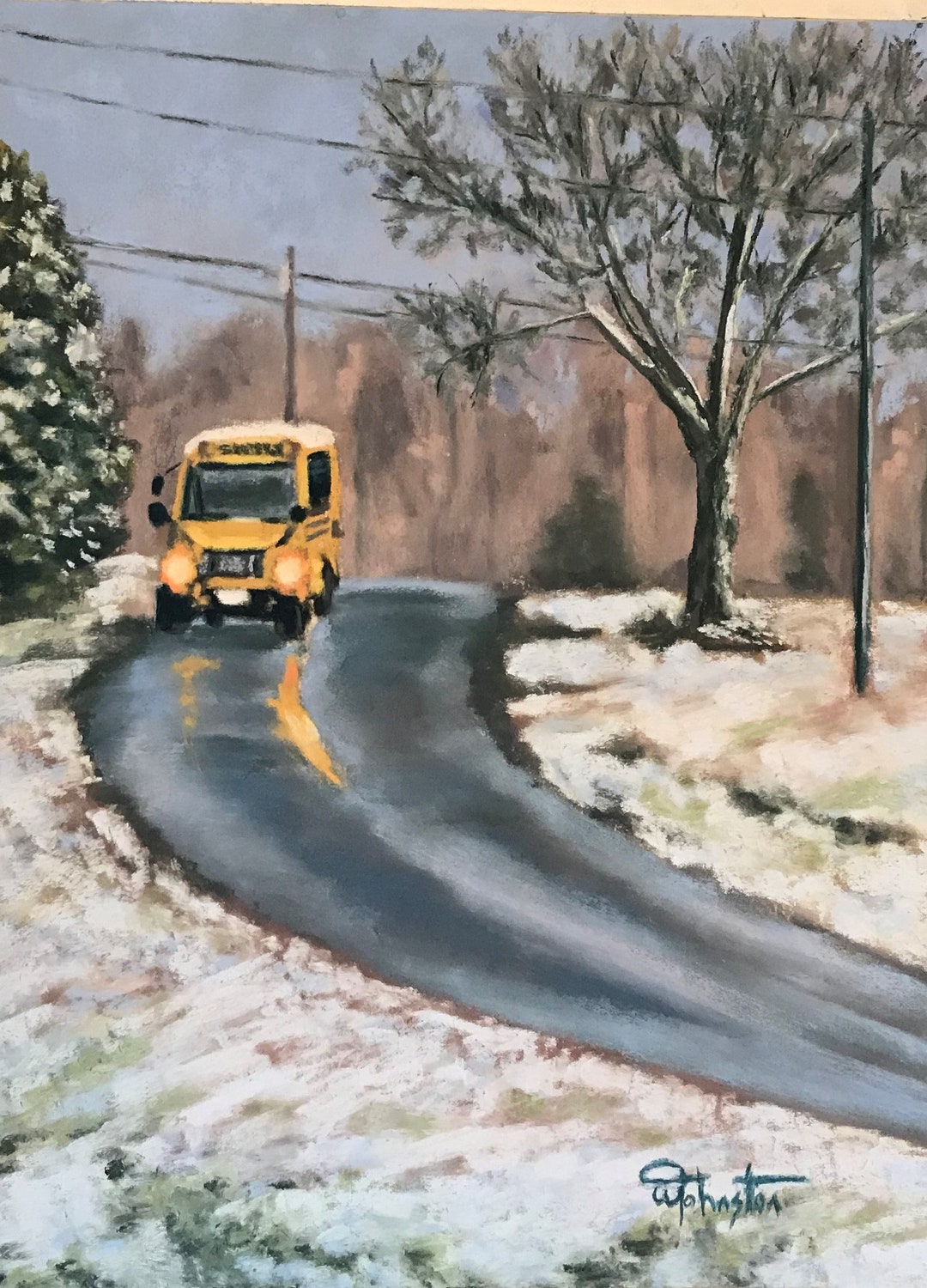 Original Pastel Painting of School Bus on Country Road After Snow ...