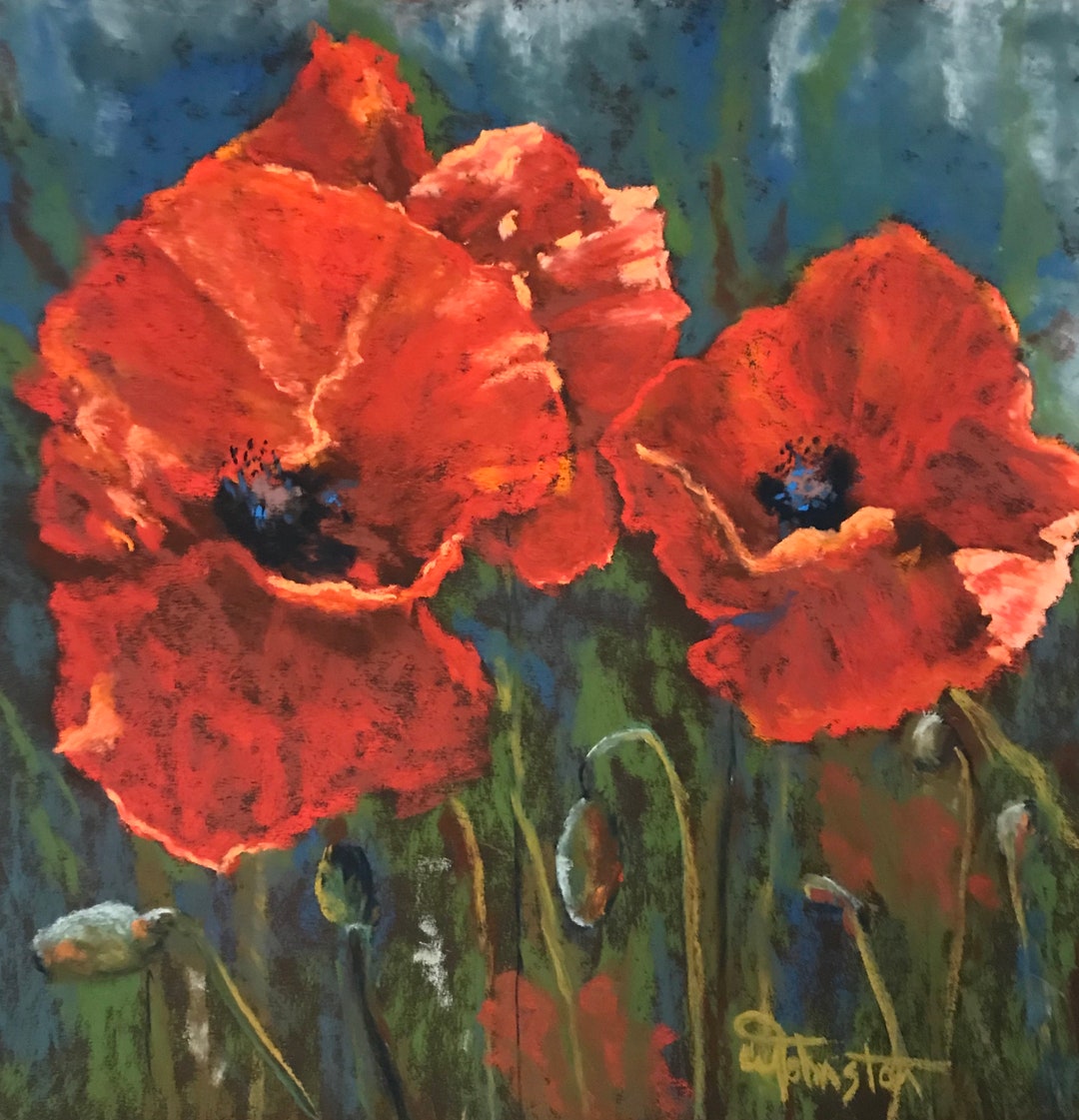 Pastel Painting Red Poppies Among Grasses Painted by Wendy Johnston - Etsy