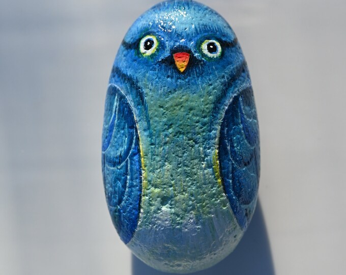 Painted Bird Rock, Hand Painted Stone, Blue Bird Stone, Art on Stone ...