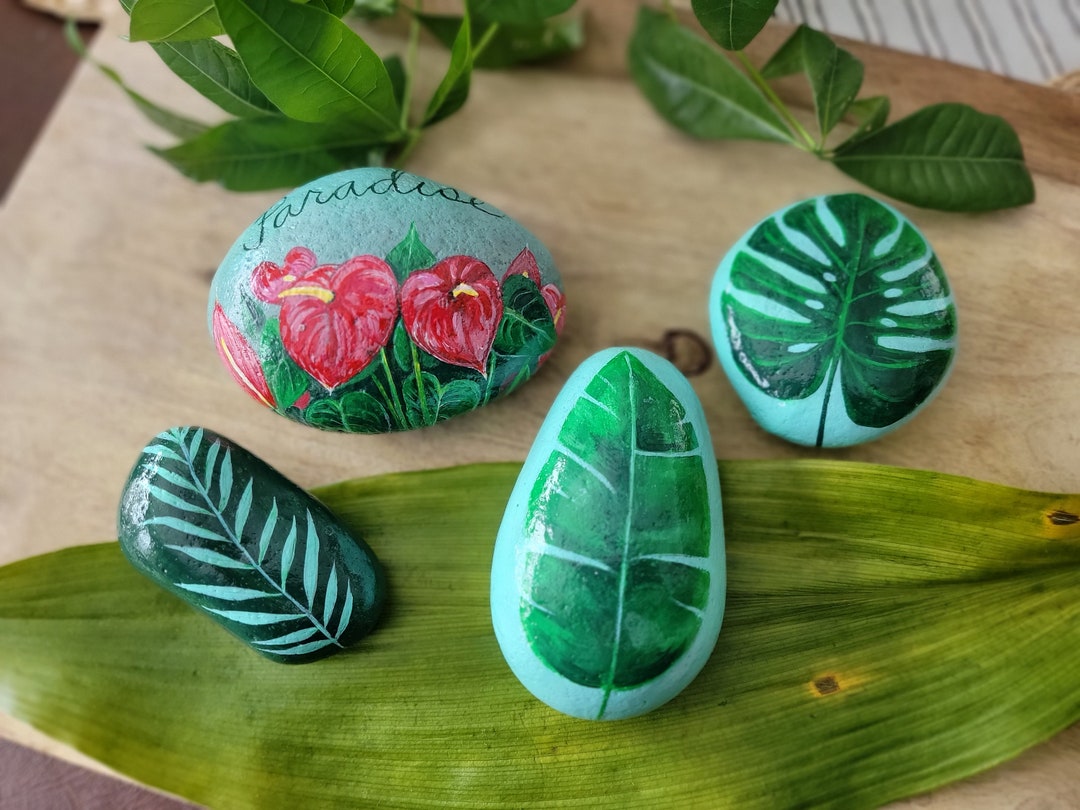 Hand Painted Tropical Leaf Rocks: Garden Decor Stones, Set of 4 - Etsy