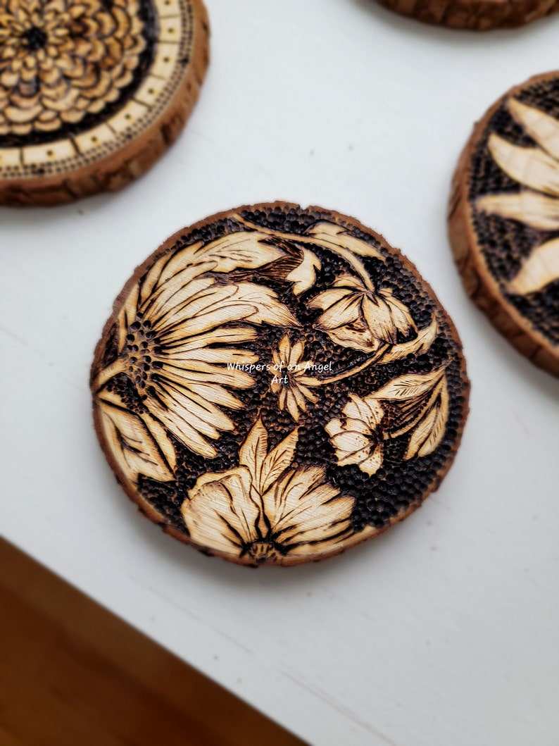 Wood Burned Coasters, Hand Burned Coasters, Coaster Set, Wood Burned Flowers, Floral Art ...