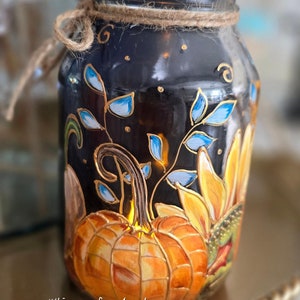 Fall Decor, Painted Glass Jar, Autumn Art, Stain Glass Art, Painted ...