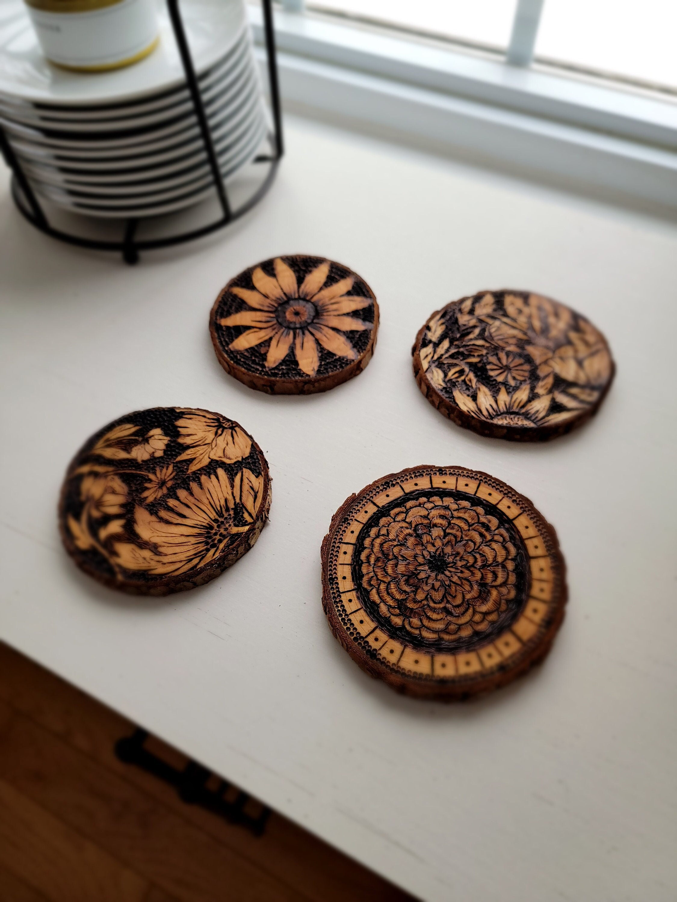 Wood Burned Coasters, Hand Burned Coasters, Coaster Set, Wood Burned Flowers, Floral Art ...