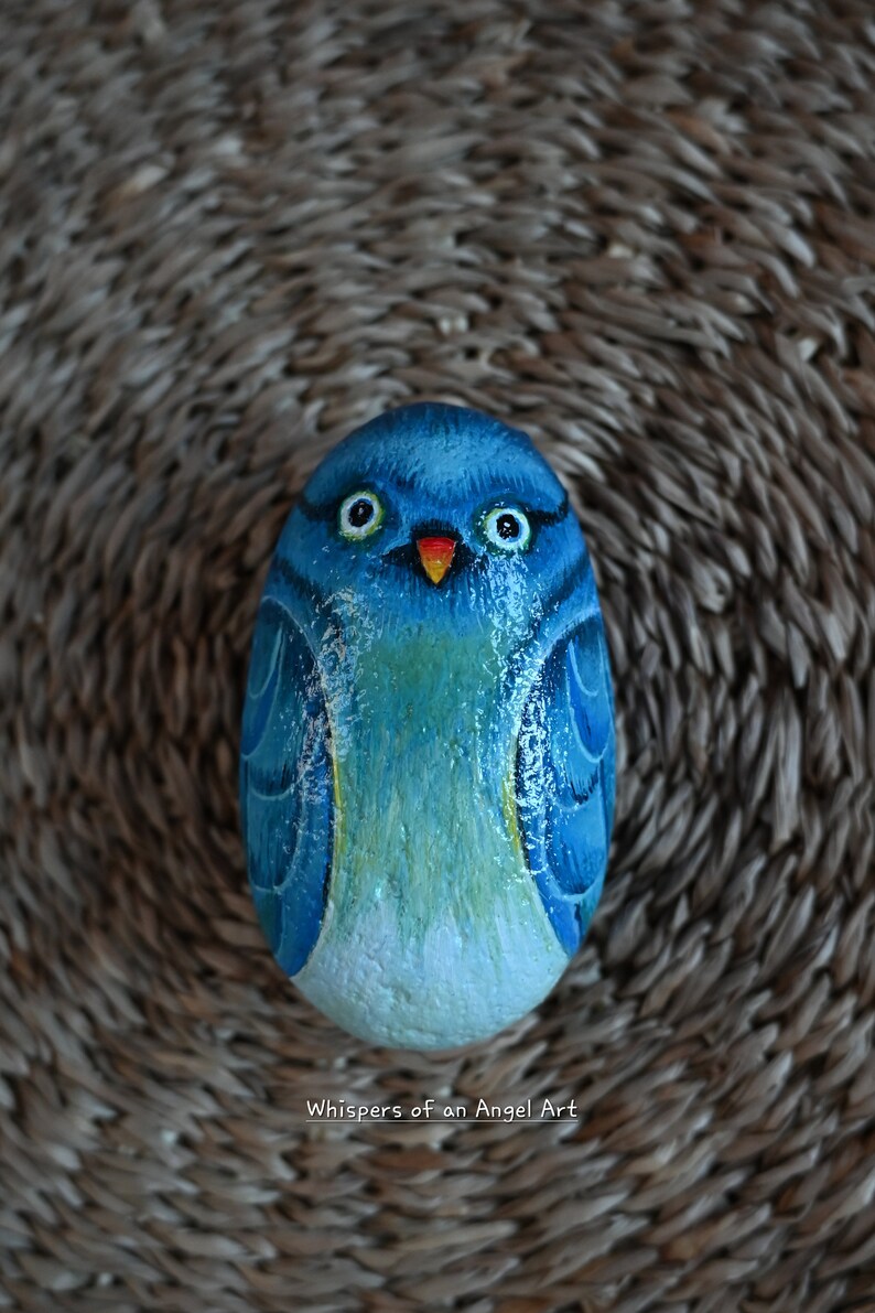 Painted Bird Rock, Hand Painted Stone, Blue Bird Stone, Art on Stone ...