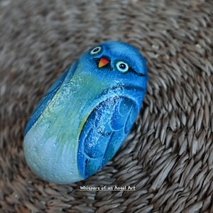 Painted Bird Rock, Hand Painted Stone, Blue Bird Stone, Art on Stone ...