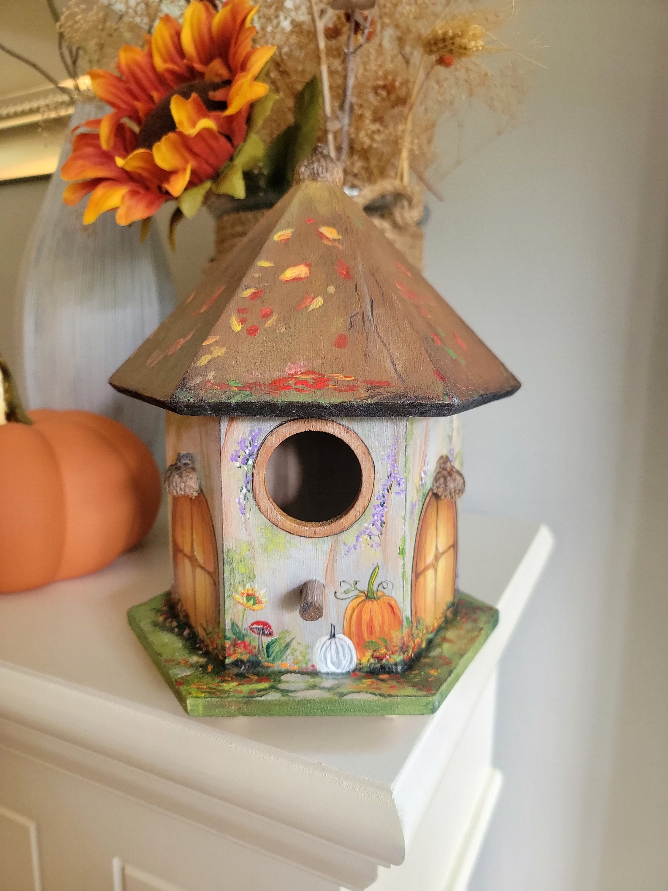 Decorative Painted Birdhouse, Autumn Fairy House, Fairy Birdhouse, Fall ...