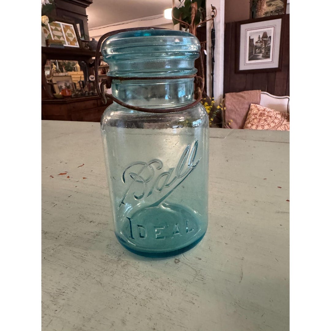 Antique 1920s Ball Ideal Blue Glass Canning Jar With Lid and Metal Bail ...