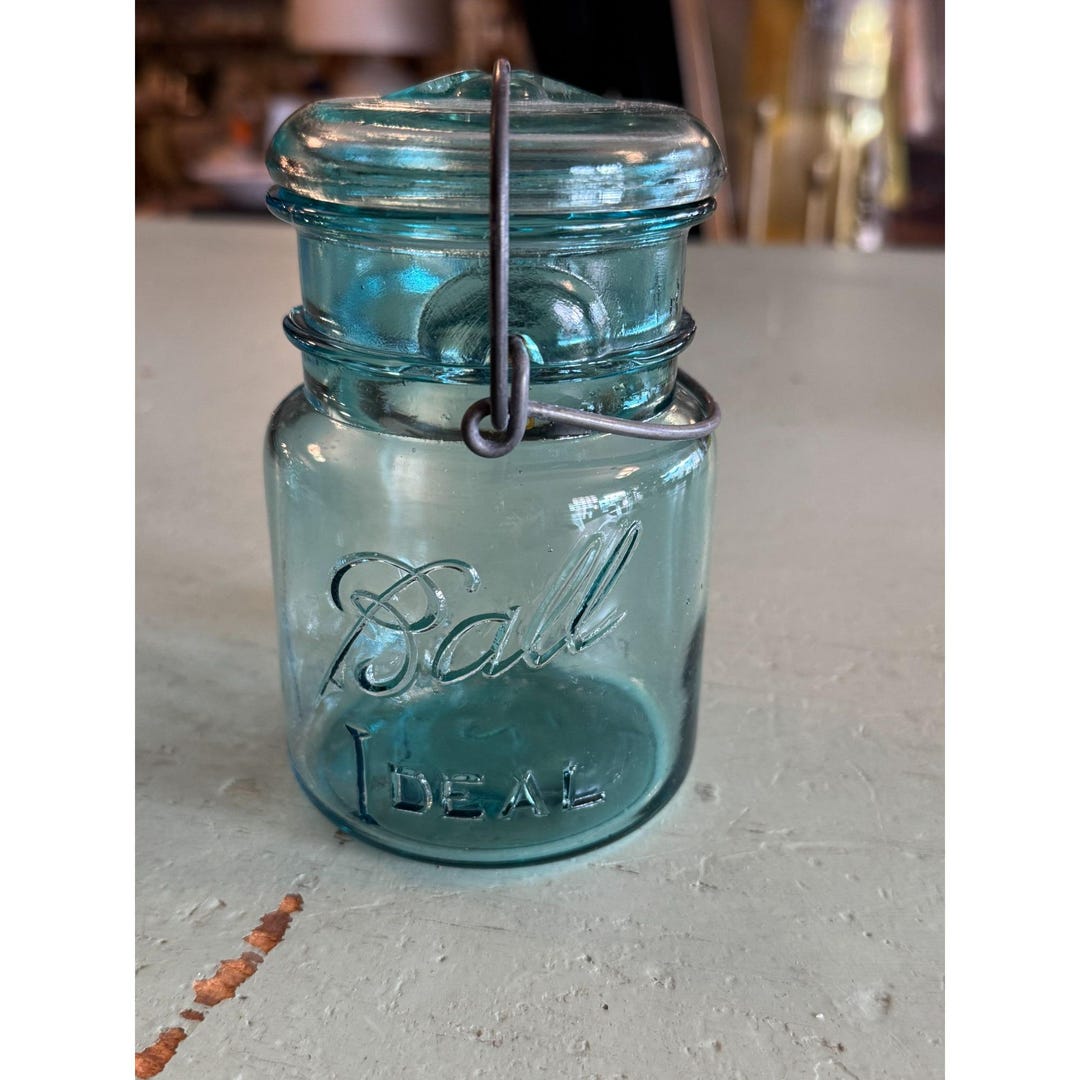 Antique 1920s Ball Ideal Blue Glass Canning Jar With Lid and Metal Bail ...