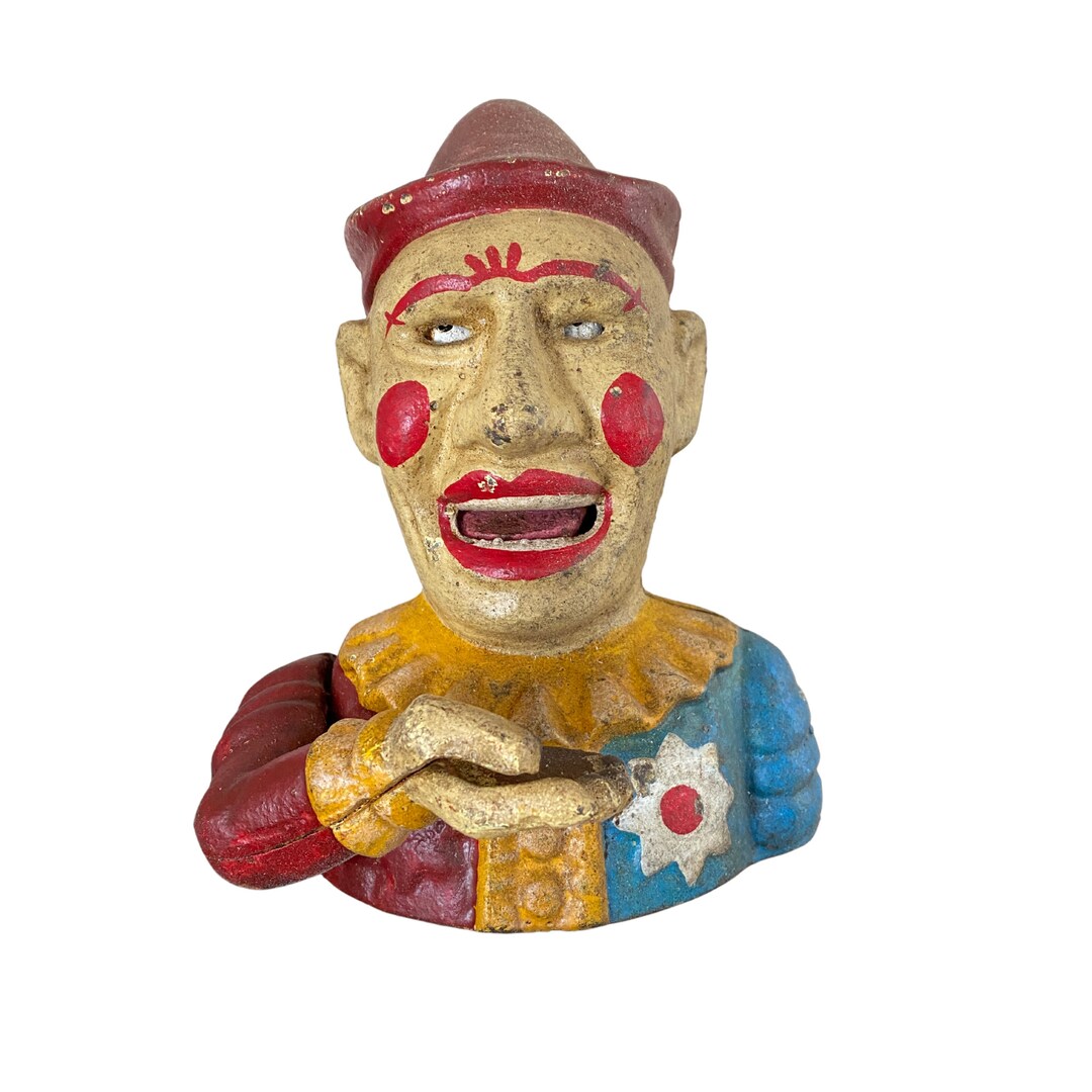 Antique Iron Mechanical Clown Bank, Vintage Iron Bank, Clown Bank ...
